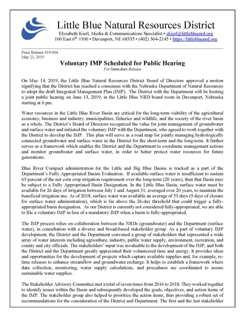 Voluntary IMP Approved by LBNRD Board - Little Blue NRD