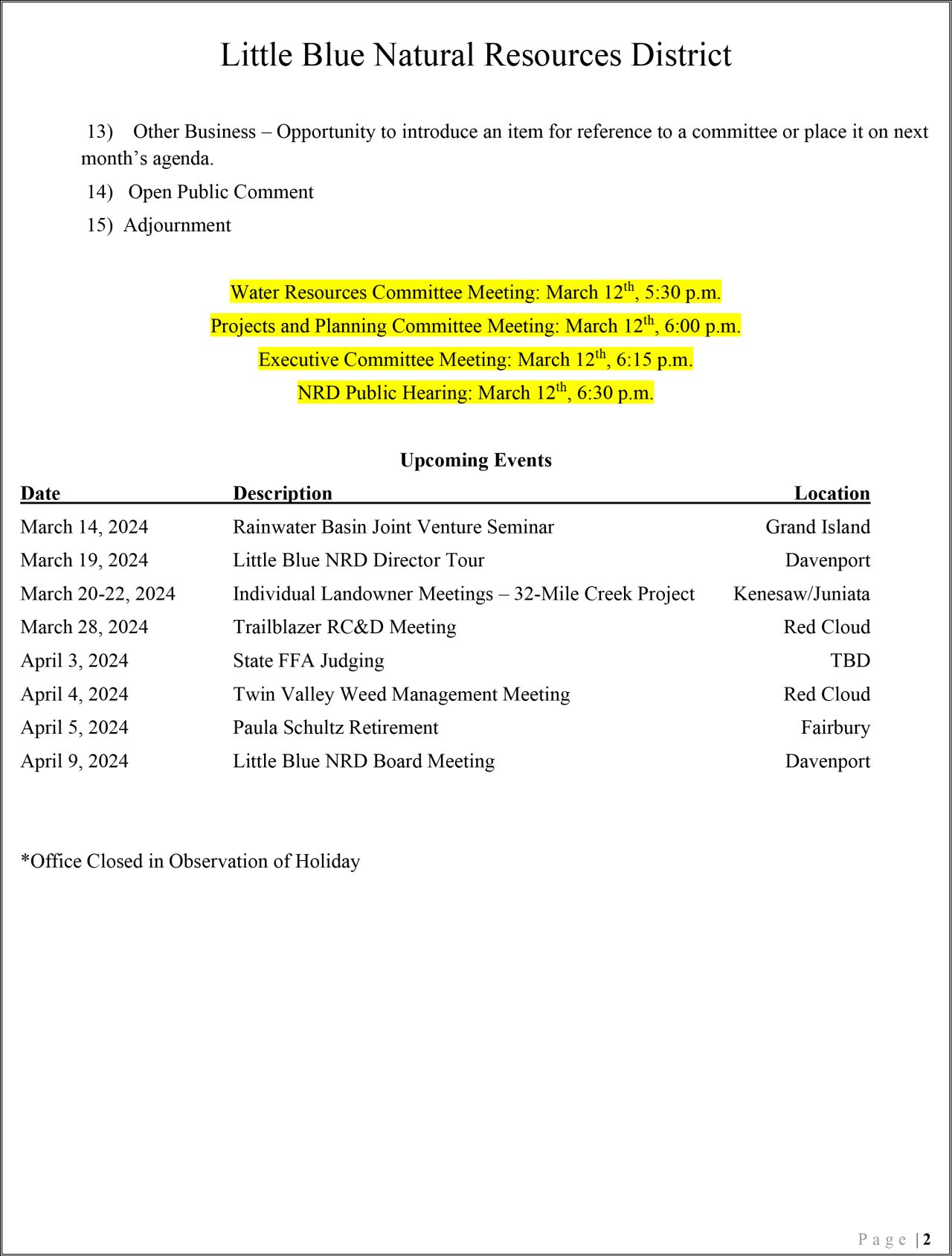 Regular Board Meeting March 12th 2024 Little Blue Nrd